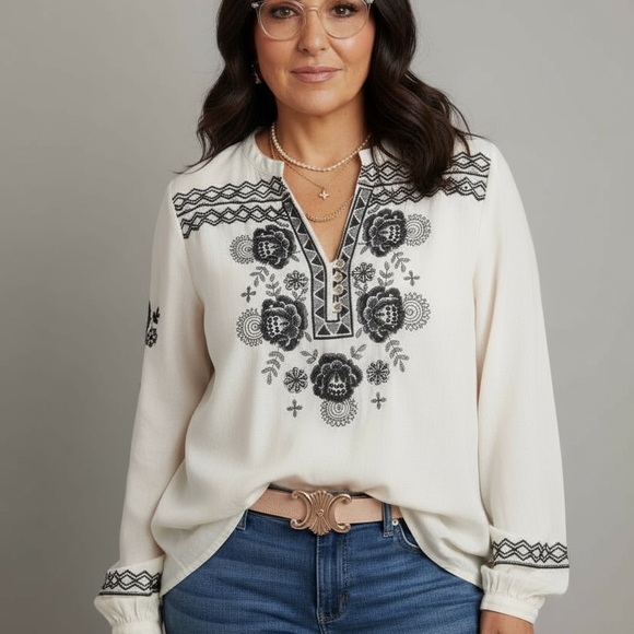 Johnny Was | Tops | Johnny Was Cream Top With Black And Gray Floral ...